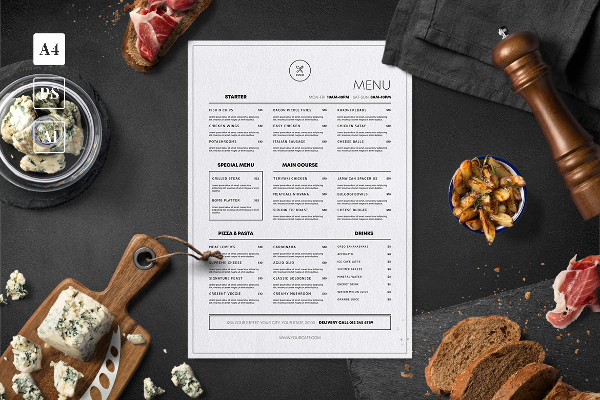 Minimalist Food Menu, a Print Template by The Savory Directors