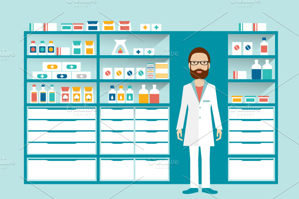 Male pharmacist in pharmacy., a Healthcare Illustration by VectorAN ...