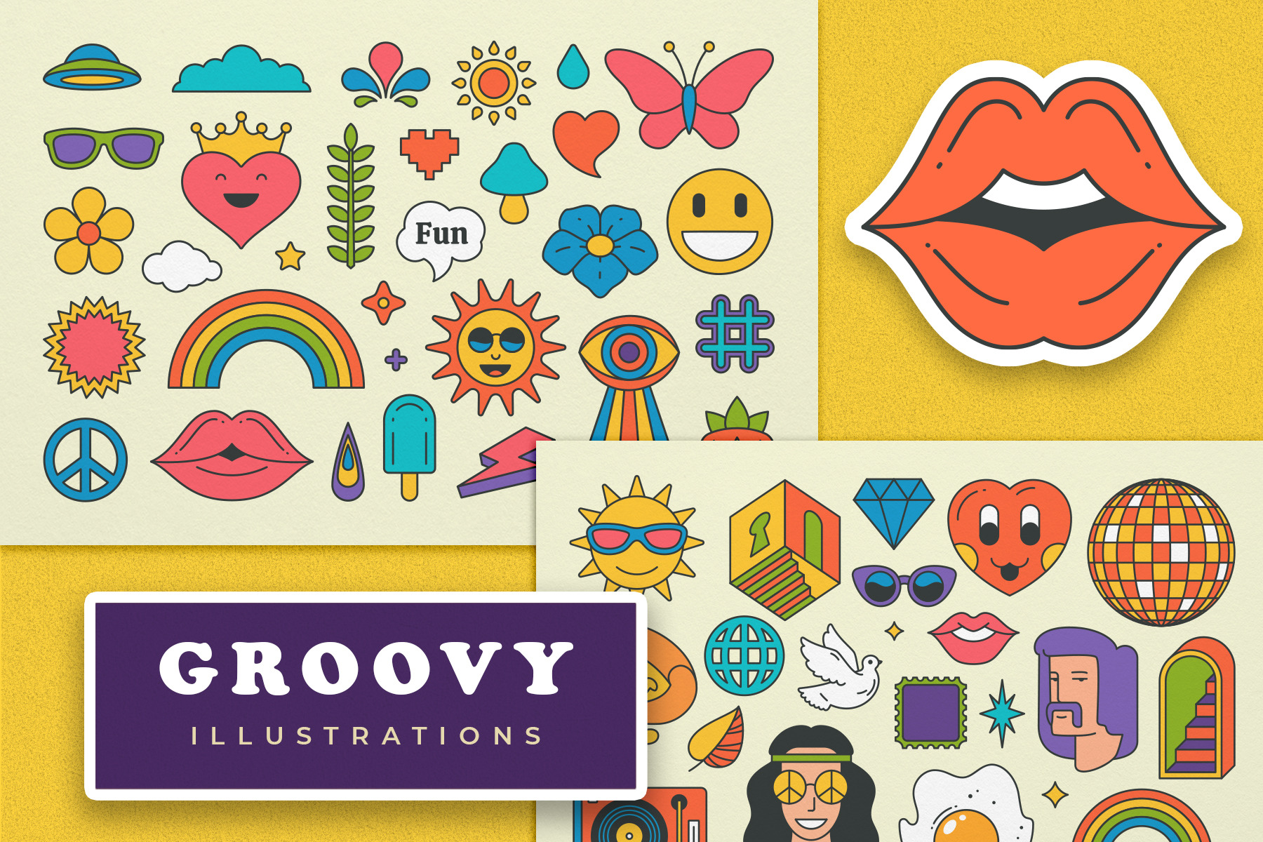 Retro groovy stickers vector set, a Decorative Illustration by Vasya ...