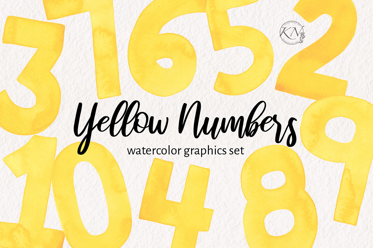 Yellow Watercolor Numbers Clipart | Creative Market