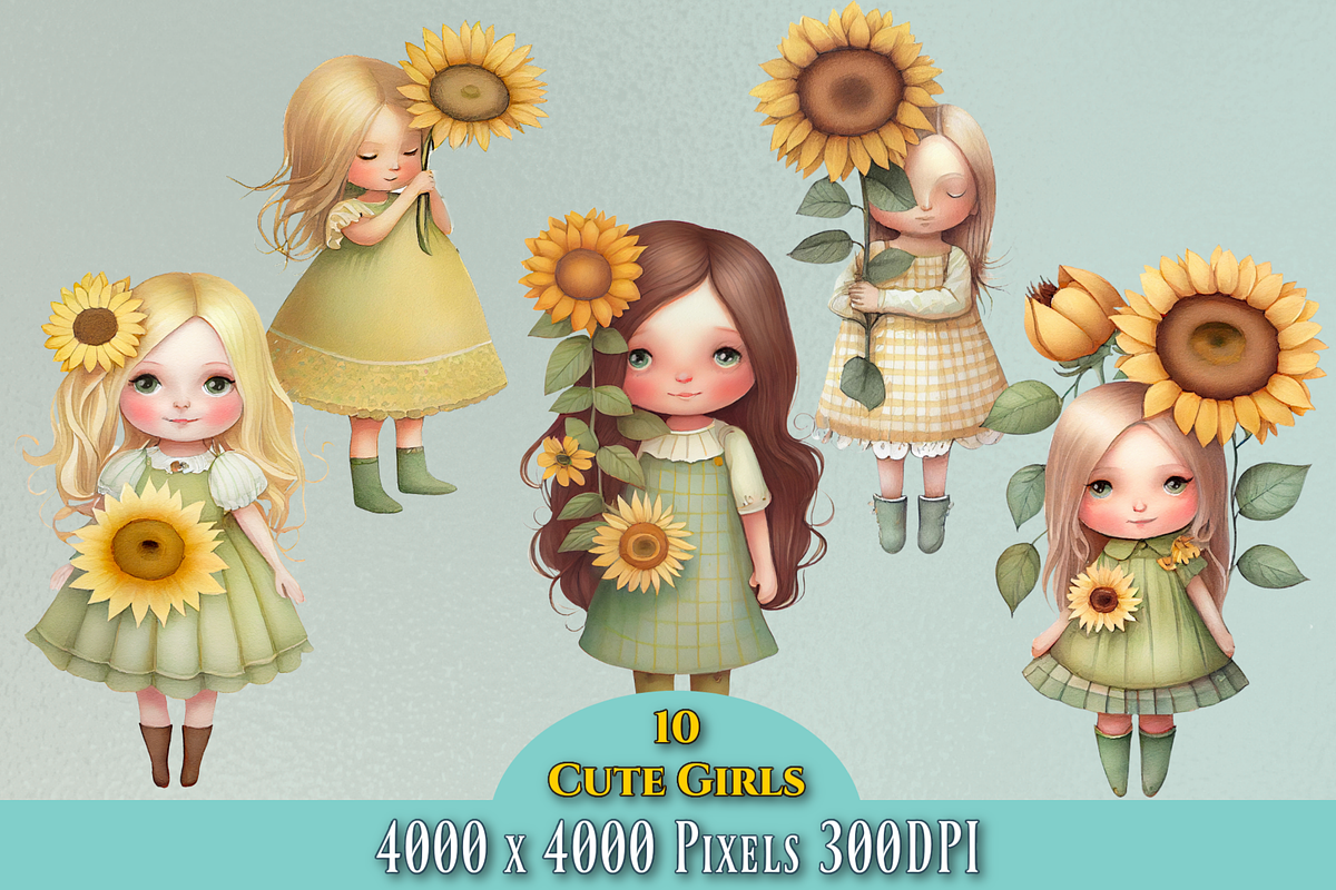 Sunflower Girls Watercolor Clipart, a Person Illustration by NadiaTheronArt