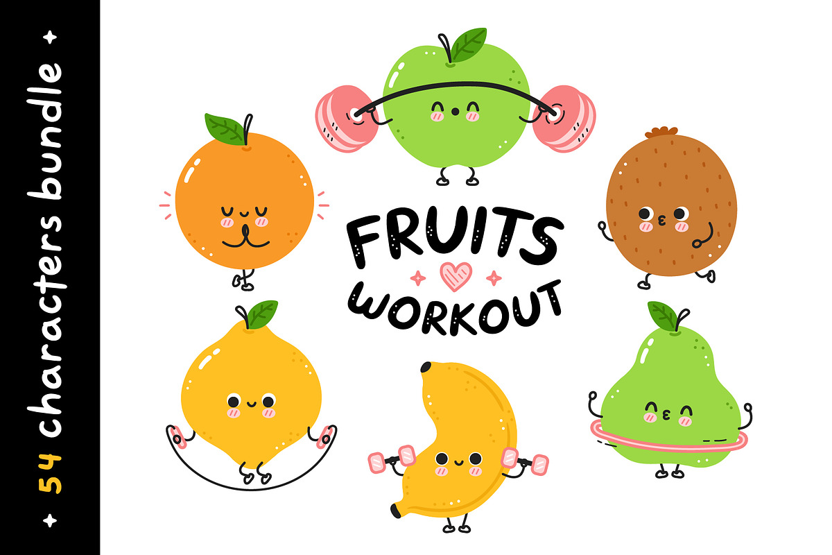 Fruits Workout Characters Bundle, a Food Illustration by Slavko Kahovsky