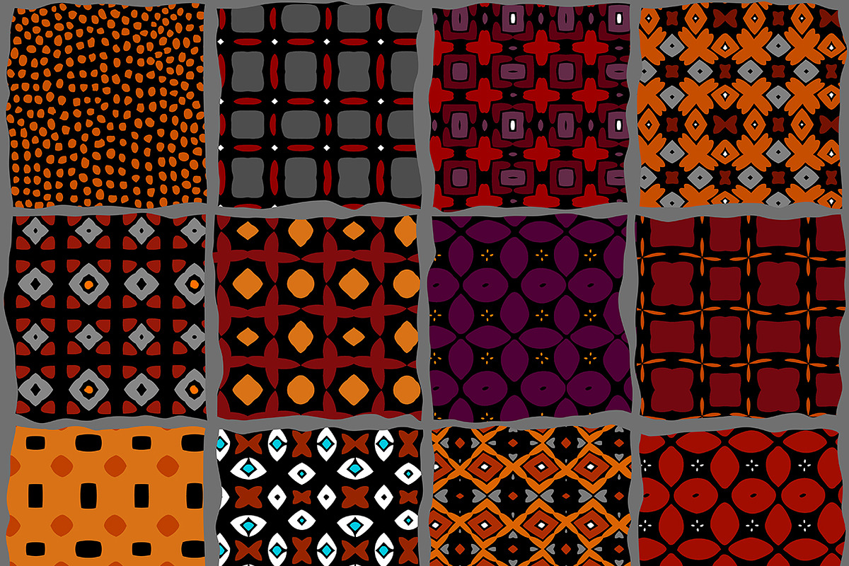 Abstract patchwork tribal patterns.