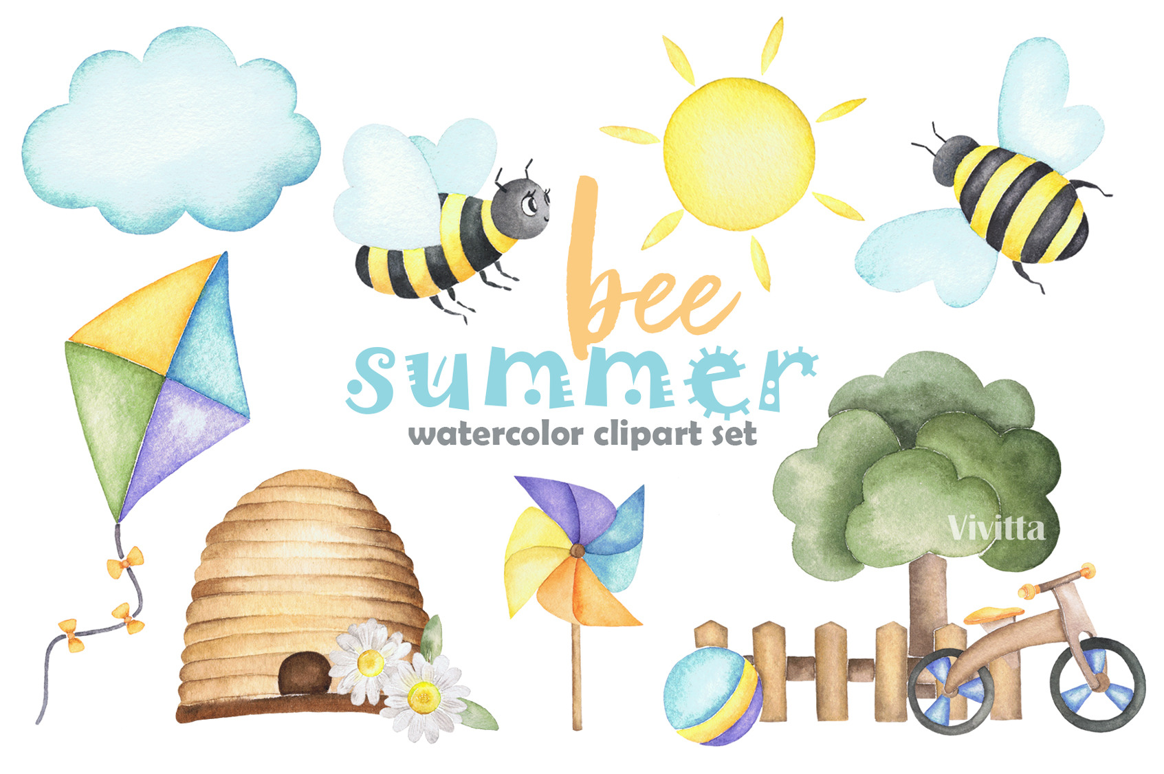Watercolor clipart Bee Summer, an Illustration by Vivitta