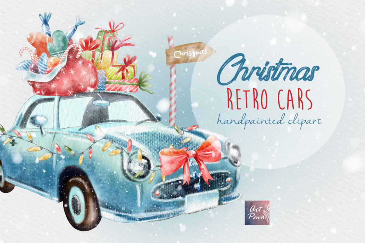 Christmas retro cars clipart, a Decorative Illustration by ArtPavo