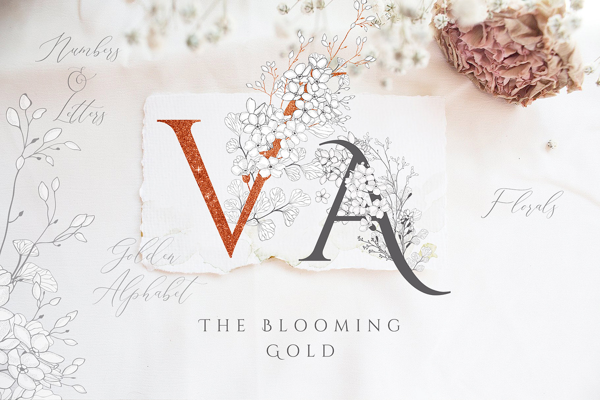 Blooming Gold Floral Letters Numbers, an Illustration by Olya Creative