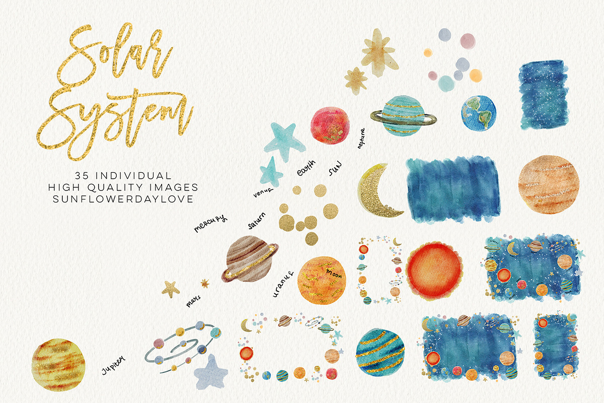 watercolor SOLAR SYSTEM clipart, an Illustration by Sunflower Day Love