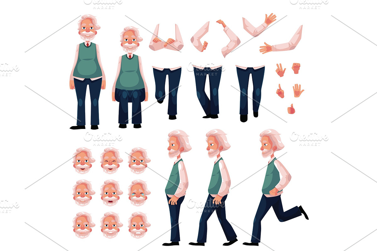 Cartoon old, senior man character creation set, a Person Illustration ...