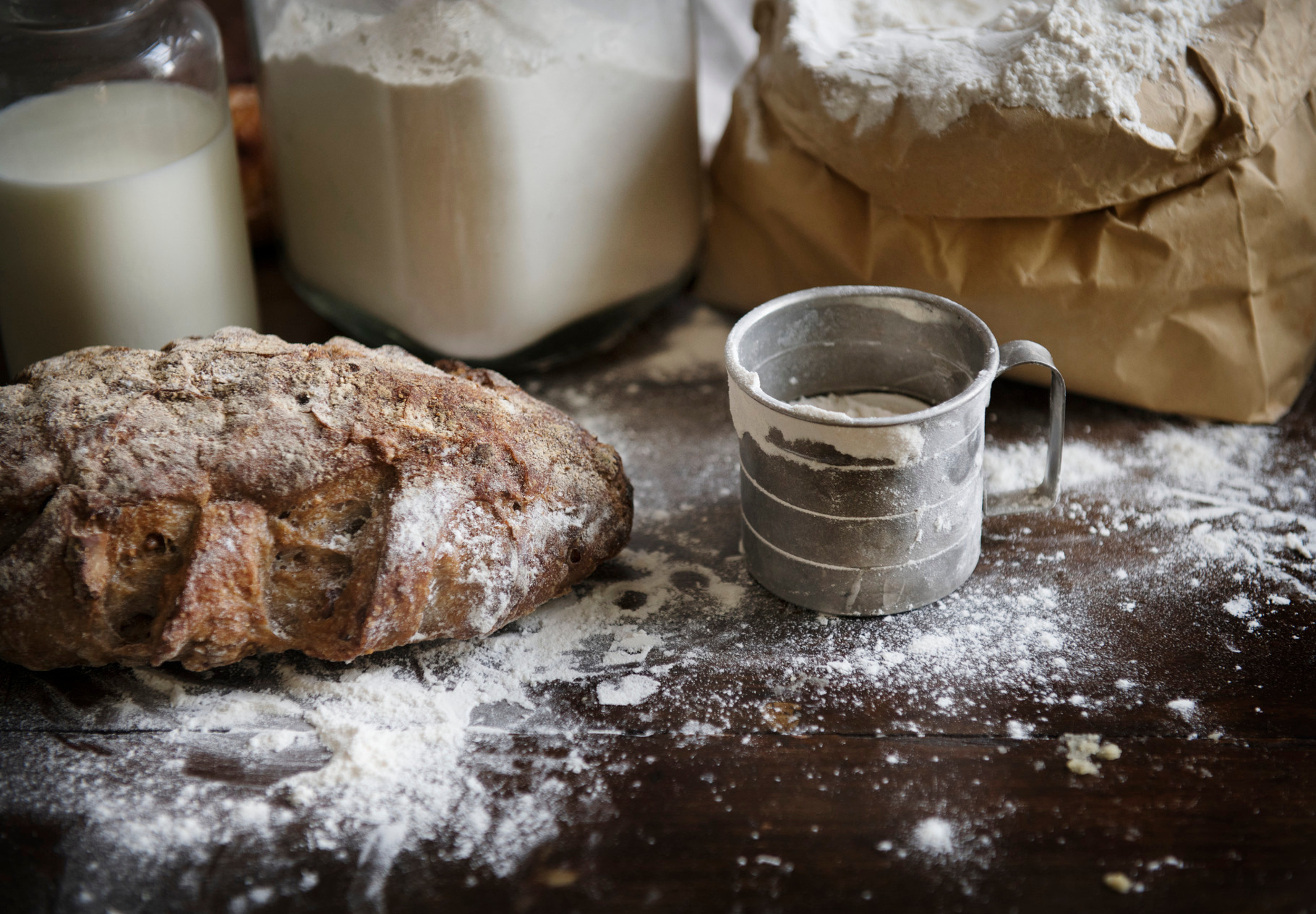 Flour and bread on a messy kitchen, a Food & Drink Photo by rawpixel
