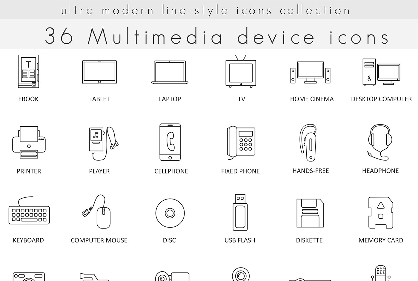 36 Multimedia devices line icons., an Outline Icon by Lemberg Vector
