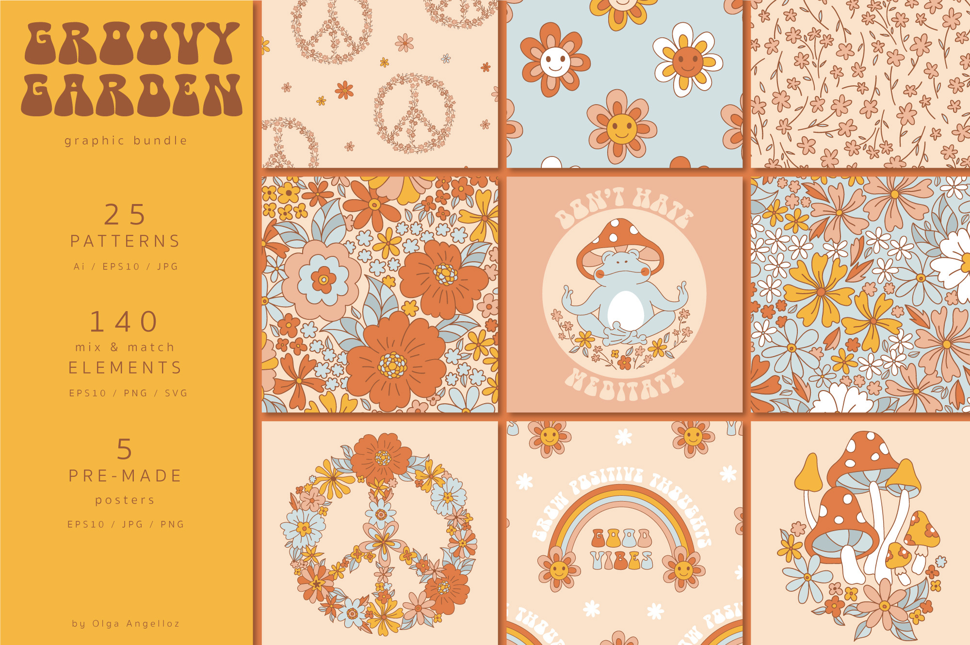 Groovy Garden Retro Hippie graphics, a Pattern Graphic by @olga.angelloz