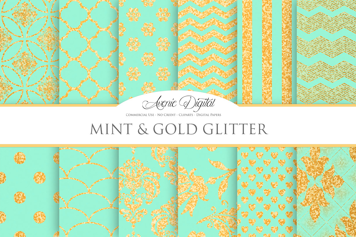 Mint and Gold Glitter Papers, a Pattern Graphic by Avenie Digital ...