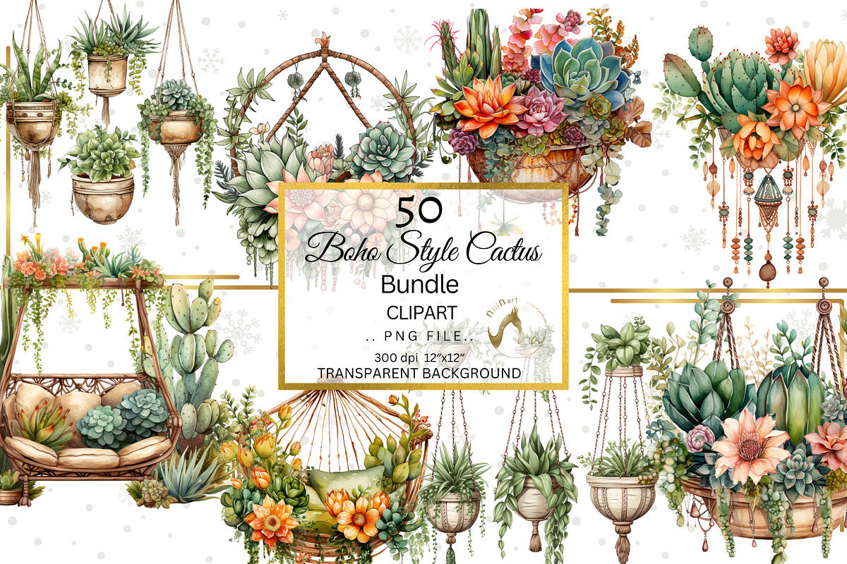 Boho Cactus and Succulents Clipart, a Decorative Illustration by NiiiNArt