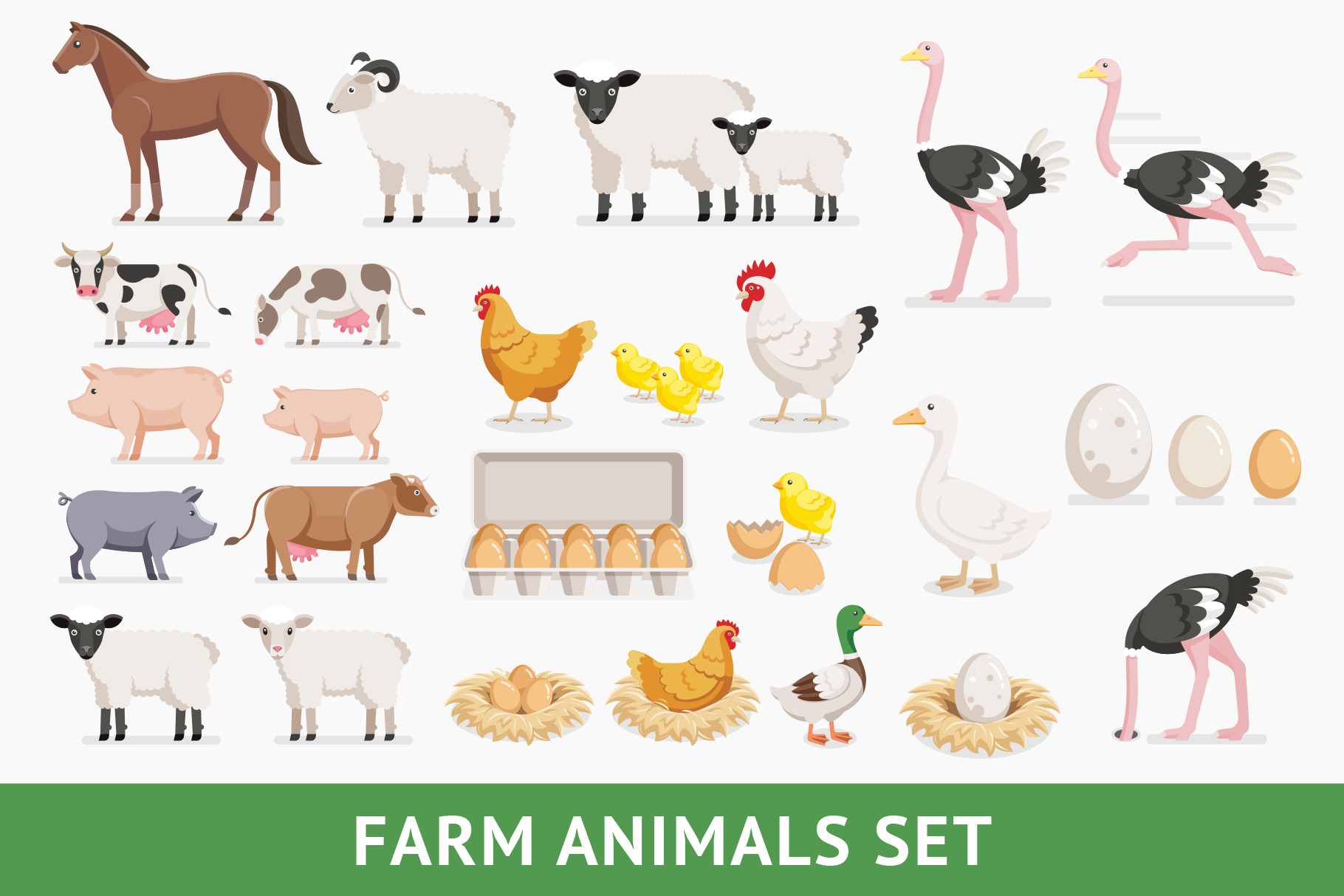 Farm Animals Set, an Animal Illustration by Graphixmania