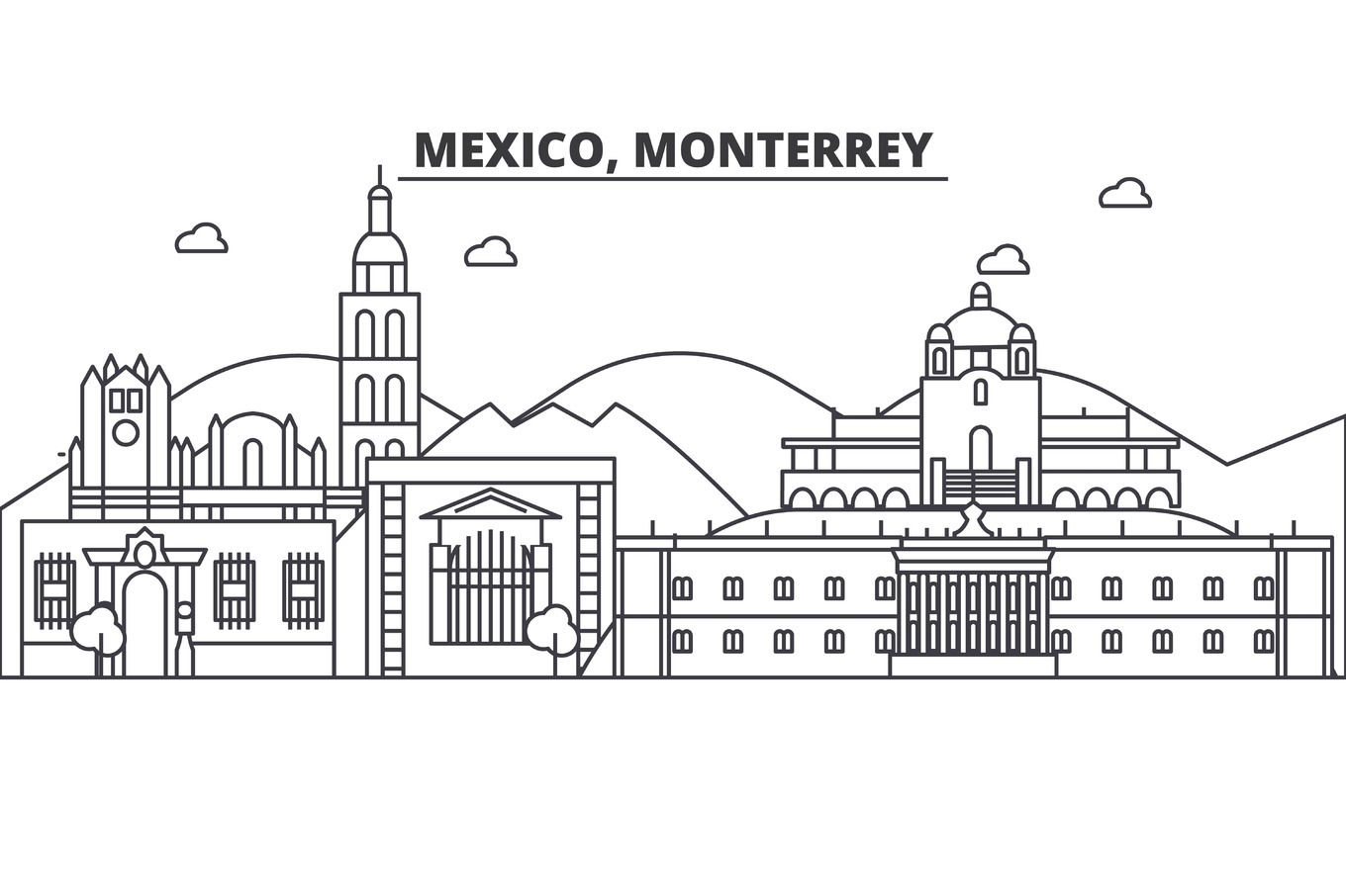 Mexico, Monterrey architecture line skyline illustration. Linear vector ...