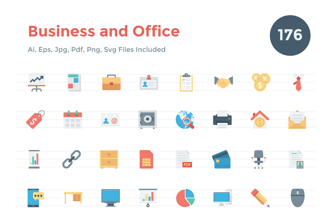 176 Flat Business and Office Icons, an Icon by Creative Stall