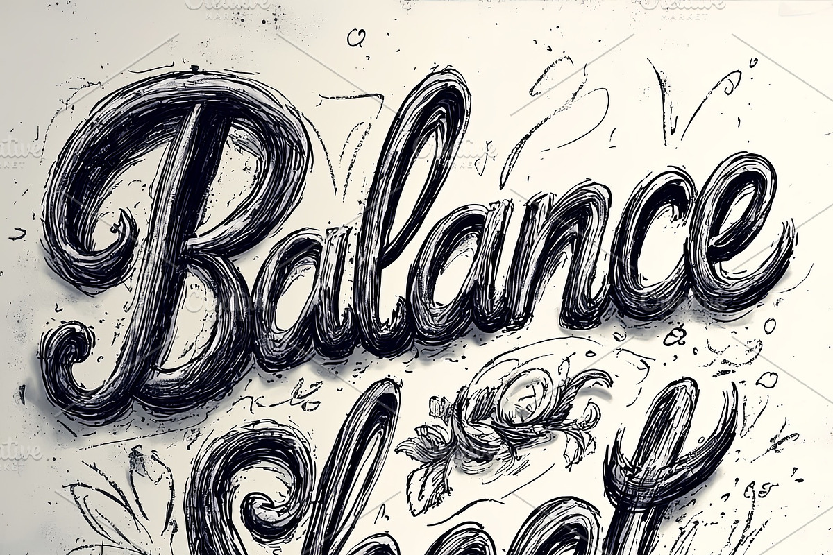 Creative hand-drawn lettering of balance sheet with floral motif, an ...