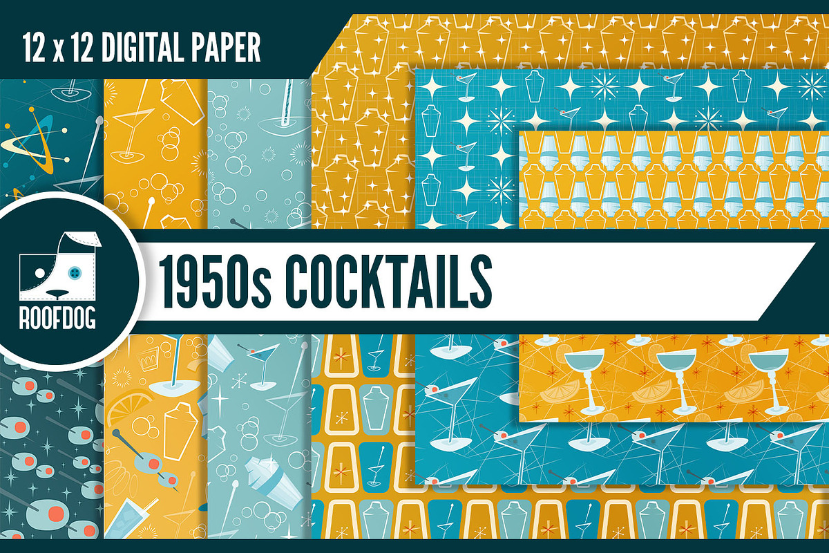 1950s Cocktail themed digital paper, a Pattern Graphic by Roofdog Design