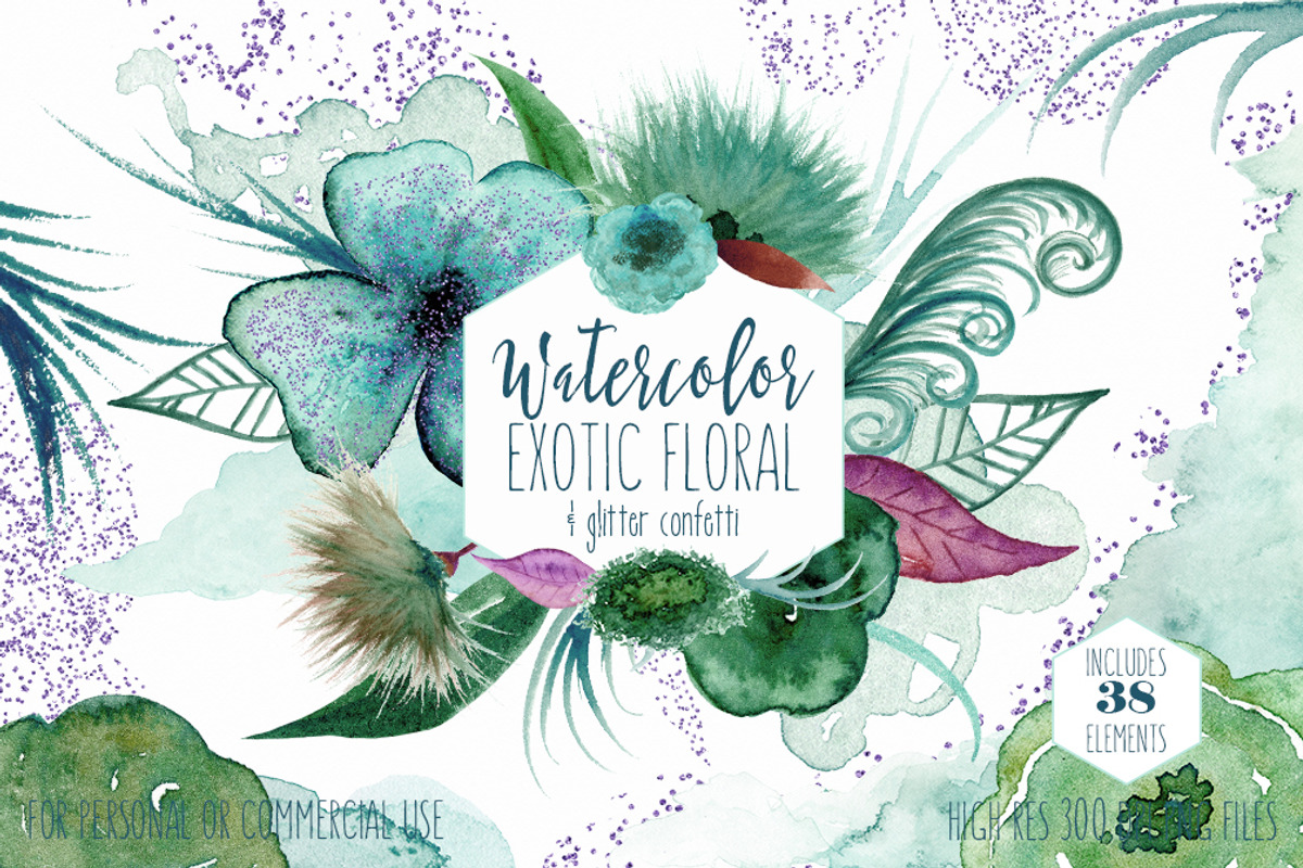 Teal & Purple Watercolor Floral Set, a Texture Illustration by ...