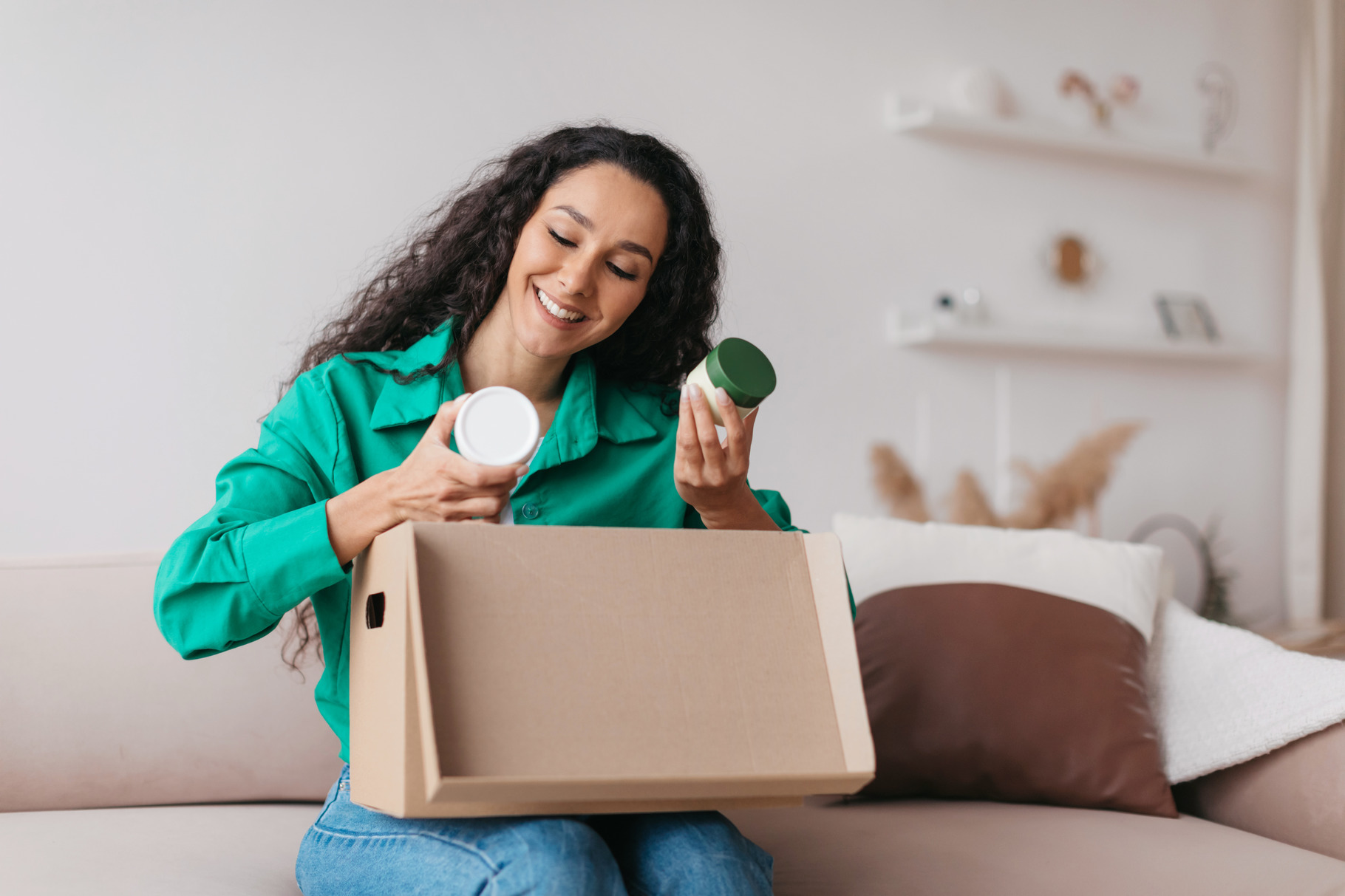 Happy Lady Holding Skincare Cosmetics Unpacking Delivered Box At Home ...