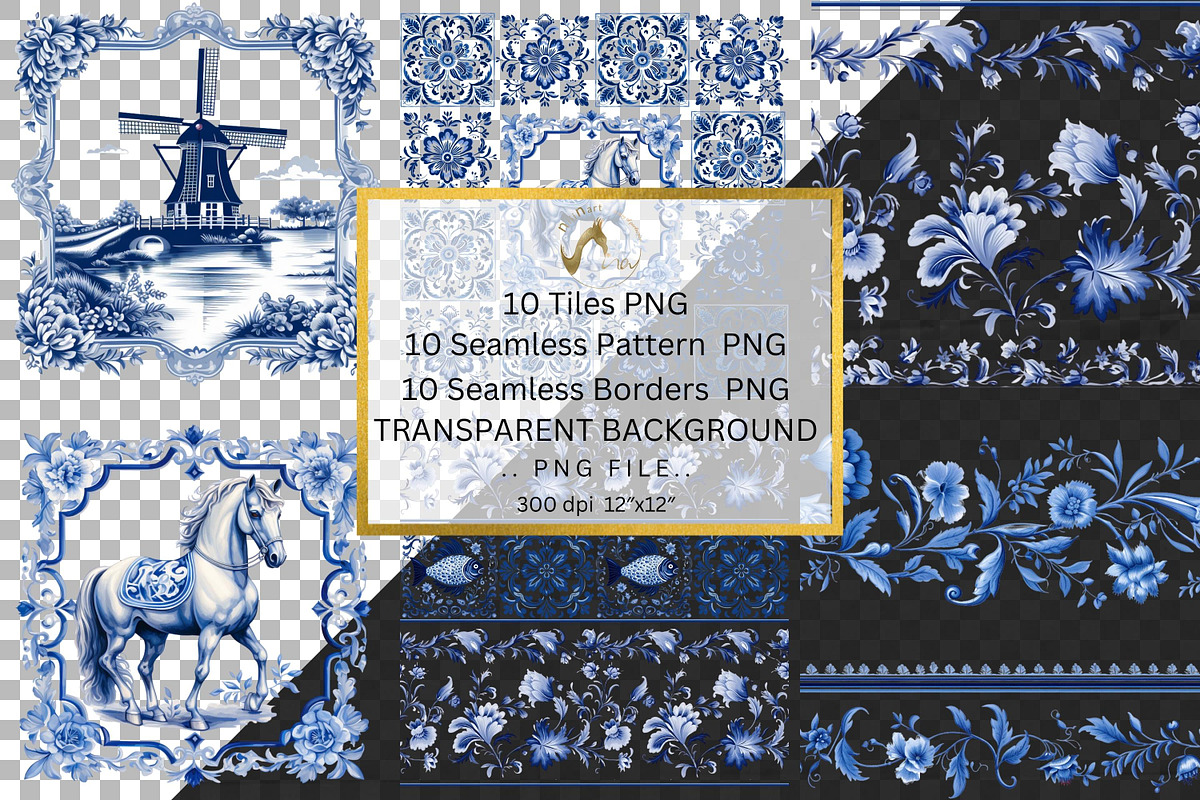 Transparent Dutch Blue Tiles Bundle, a Graphic by NiiiNArt