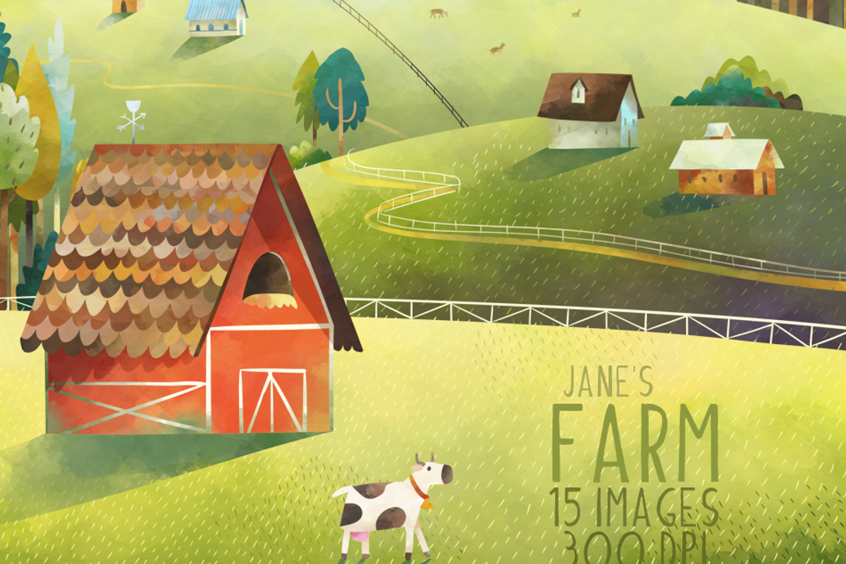 Watercolor Farm Scene Clipart, an Illustration by DigitalArtsi