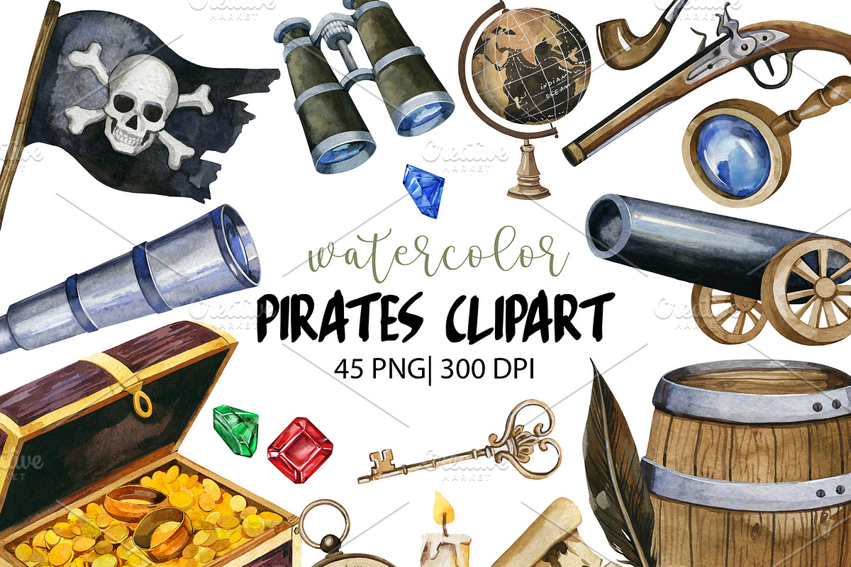 Watercolor Pirates Clipart, PNG