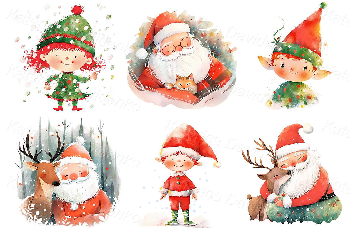 Watercolor cartoon Santa, elves PNG, a Person Illustration by Bubert Art