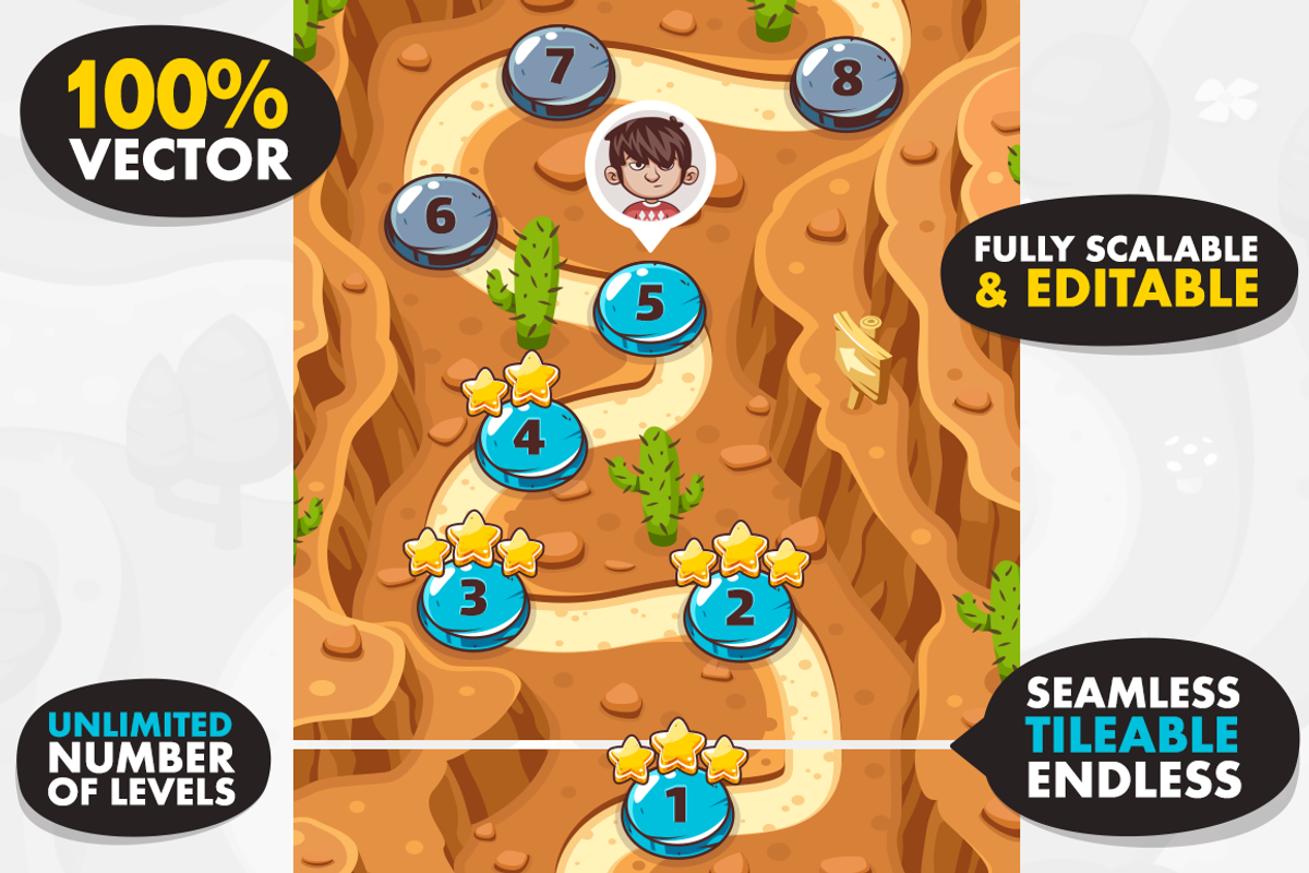 Game Level Map with 5 Worlds, an Illustration by wowu