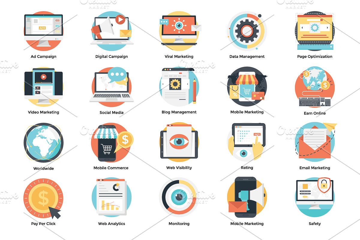 160 Flat Digital Marketing Icons, an Icon by Prosymbols