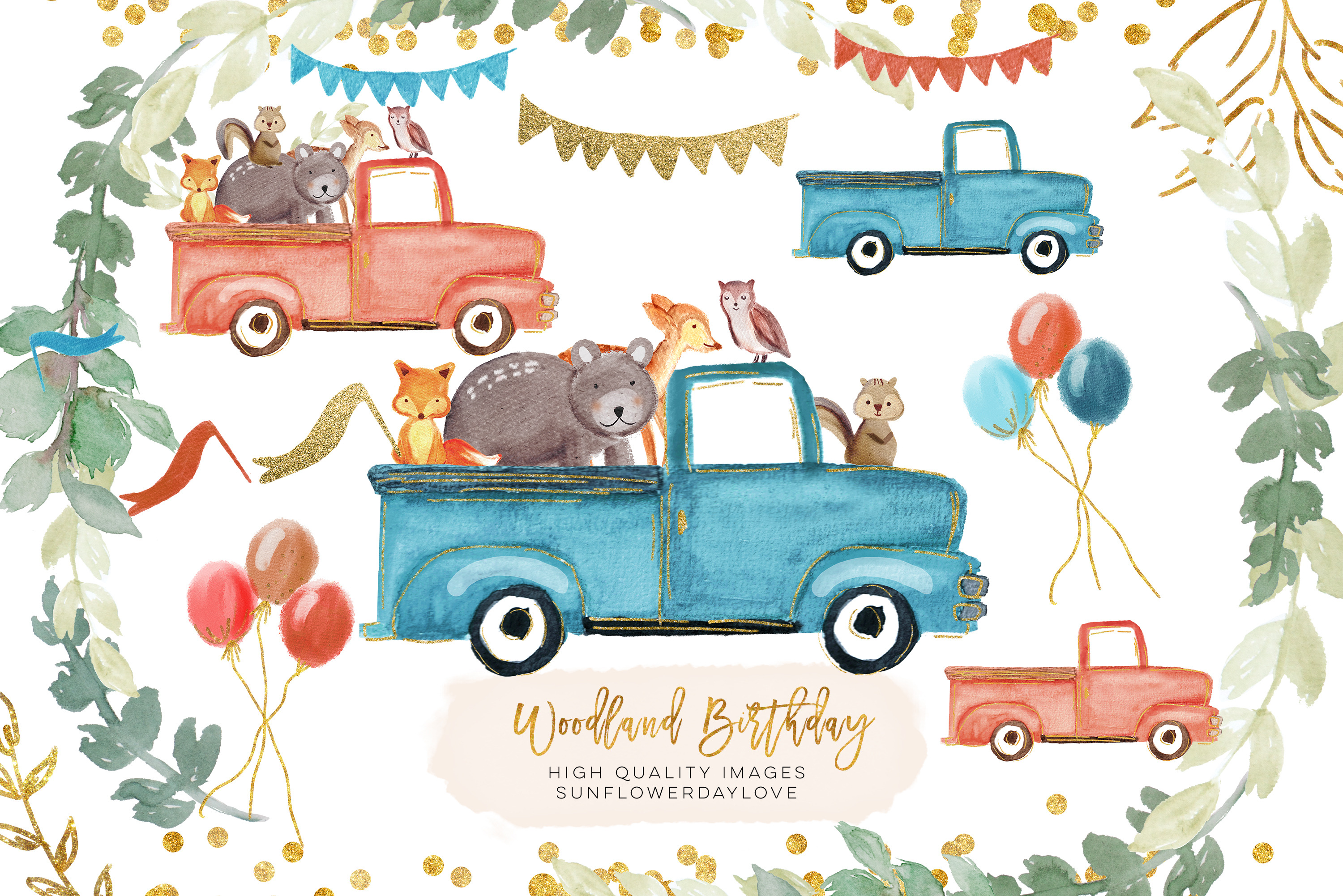 Woodland Birthday Clipart, an Animal Illustration by Sunflower Day Love