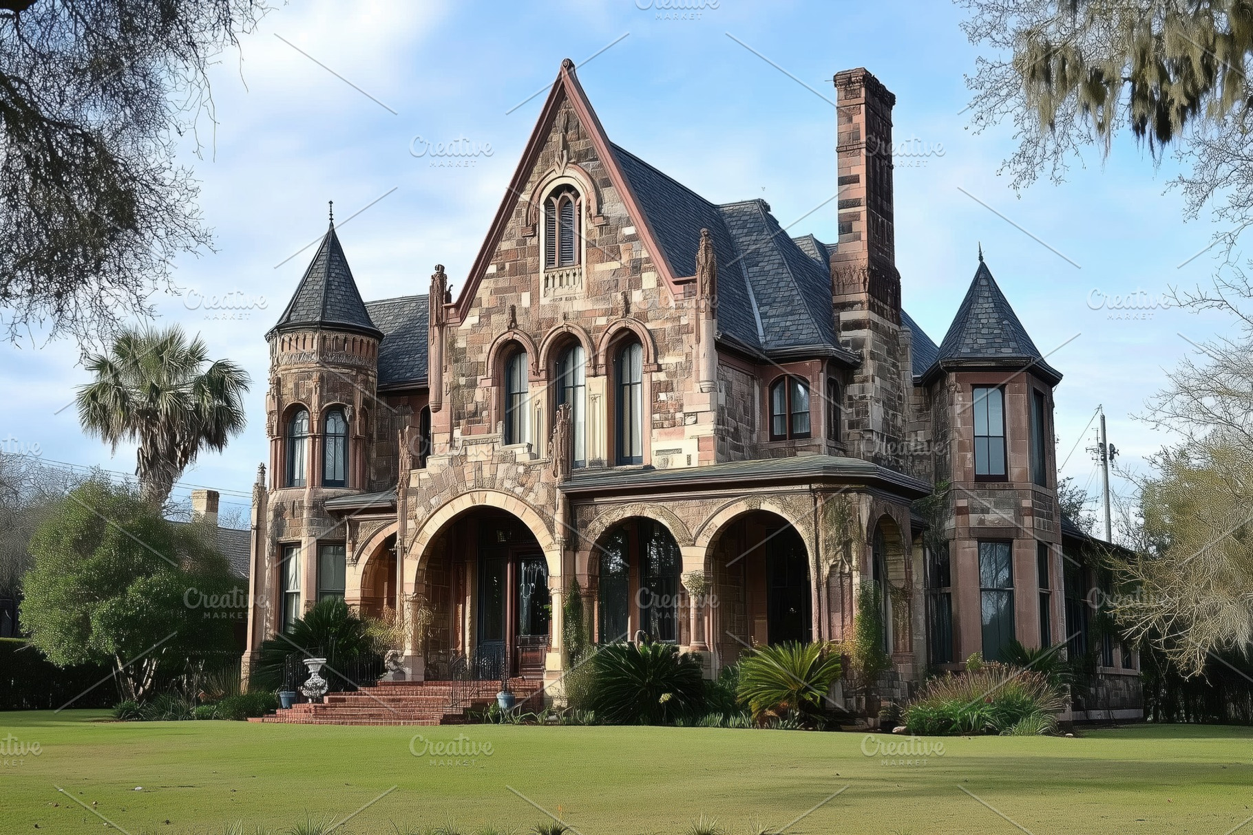 A grand Gothic Revival Victorian mansion with intricate stonework ...