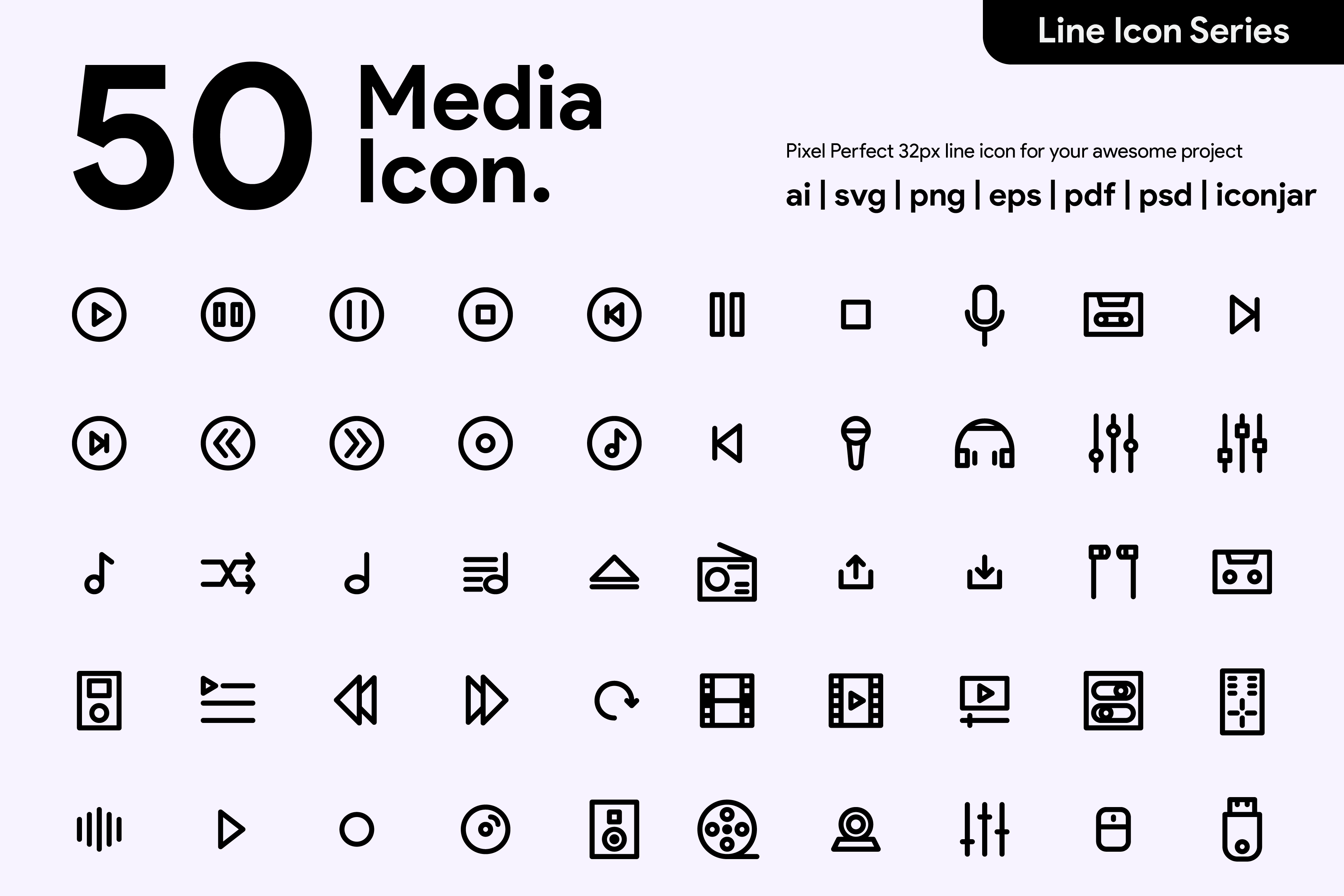 50 Multimedia Line Icon, an Outline Icon by Kawalan Studio