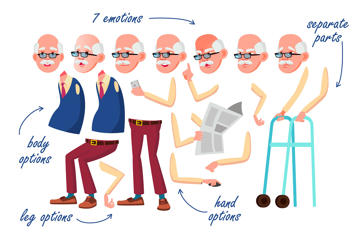 Old Man Animation Vector Set, a Person Illustration by pikepicture