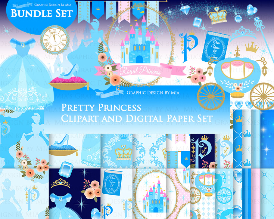 Princess Blue Clipart+Pattern set, an Illustration by Mia's Graphic Design