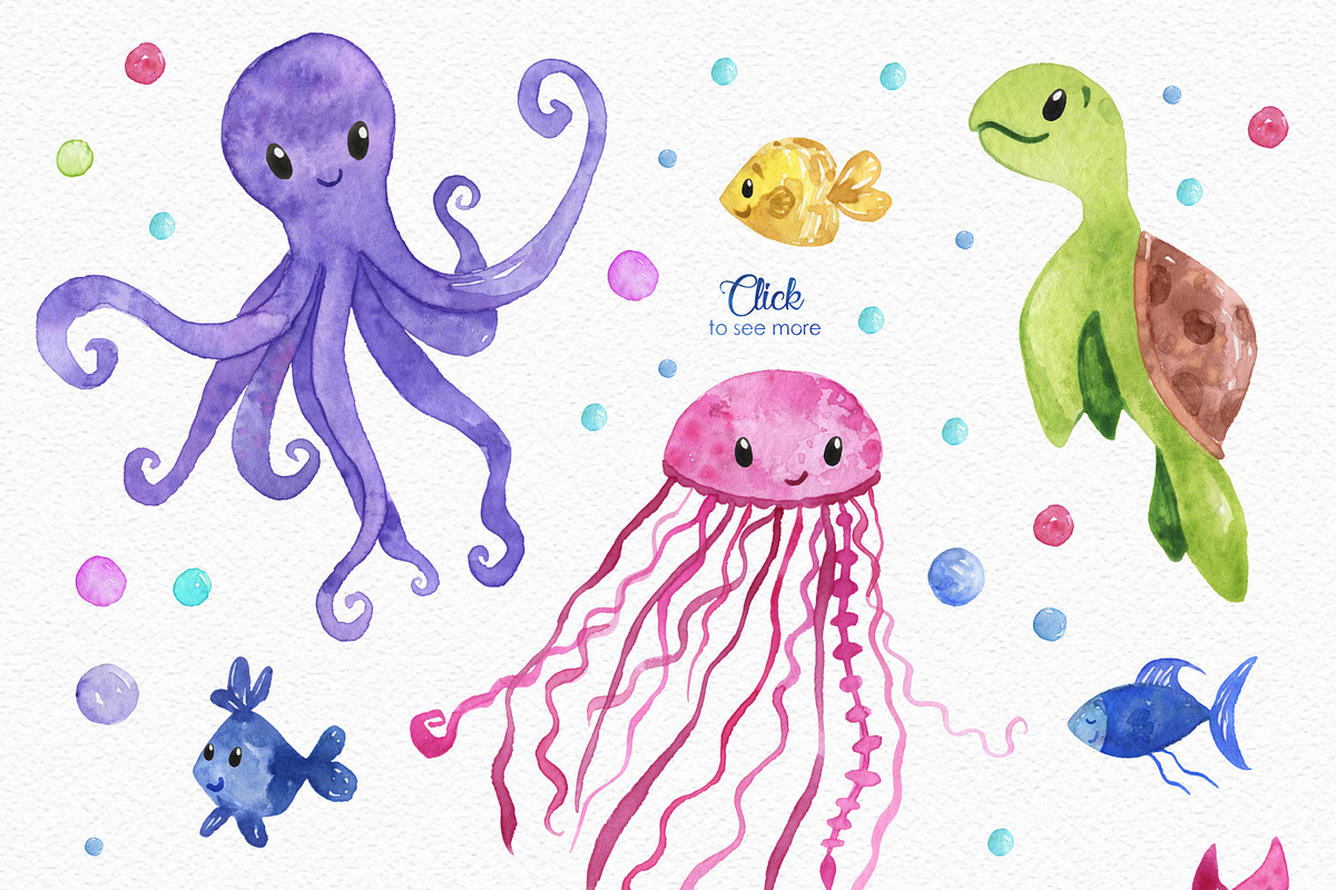 Ocean Friends Watercolor Clipart, an Animal Illustration by ...