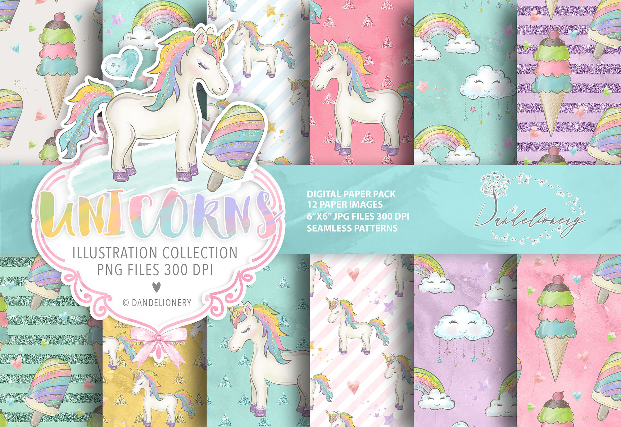 Unicorn digital paper pack, a Pattern Graphic by designloverstudio