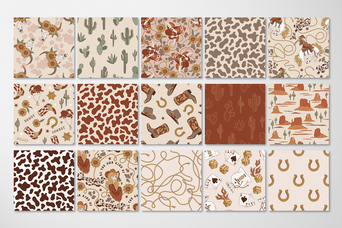 Retro Western Rodeo Cowboy patterns, a Pattern Graphic by @olga.angelloz