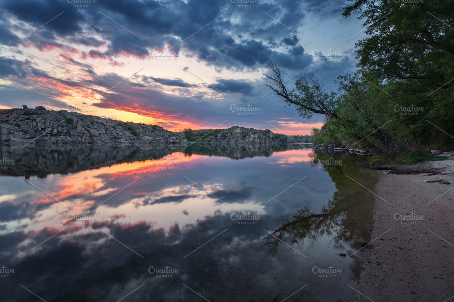 Colorful summer sunset at the river featuring landscape, summer, and ...