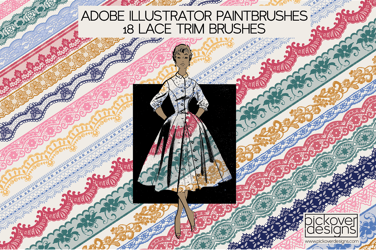 18 Lace Trim Brushes - Illustrator, a Brush Add-On by Pickover Designs