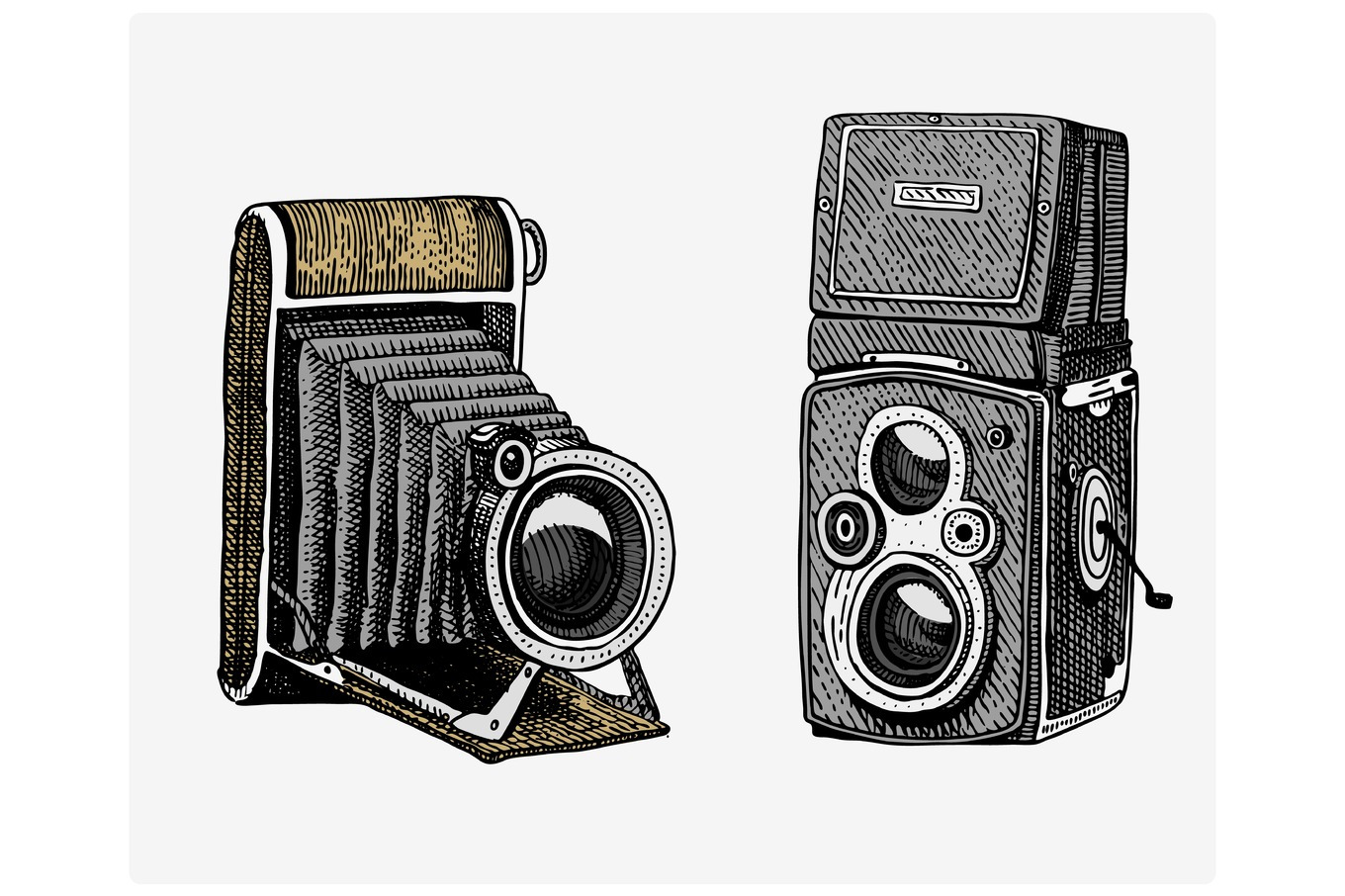Photo camera vintage, engraved hand drawn in sketch or wood cut style ...