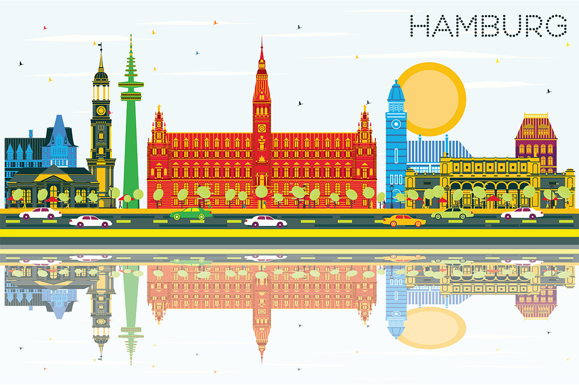 Hamburg Skyline with Color Buildings, a Person Illustration by Booblgum