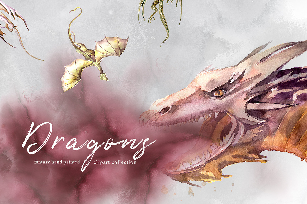 Watercolor Dragons Clipart Set, a Decorative Illustration by ...