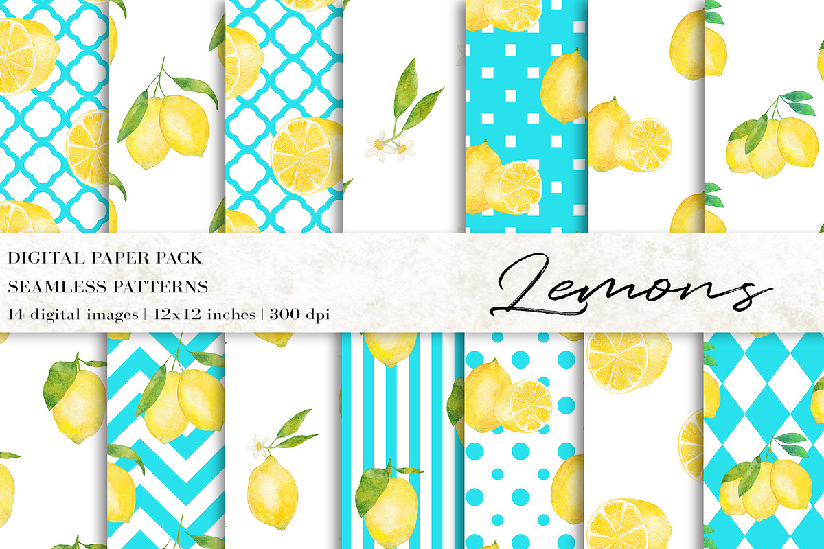 Watercolor Lemons Digital Papers, a Pattern Graphic by BonaDesigns ...