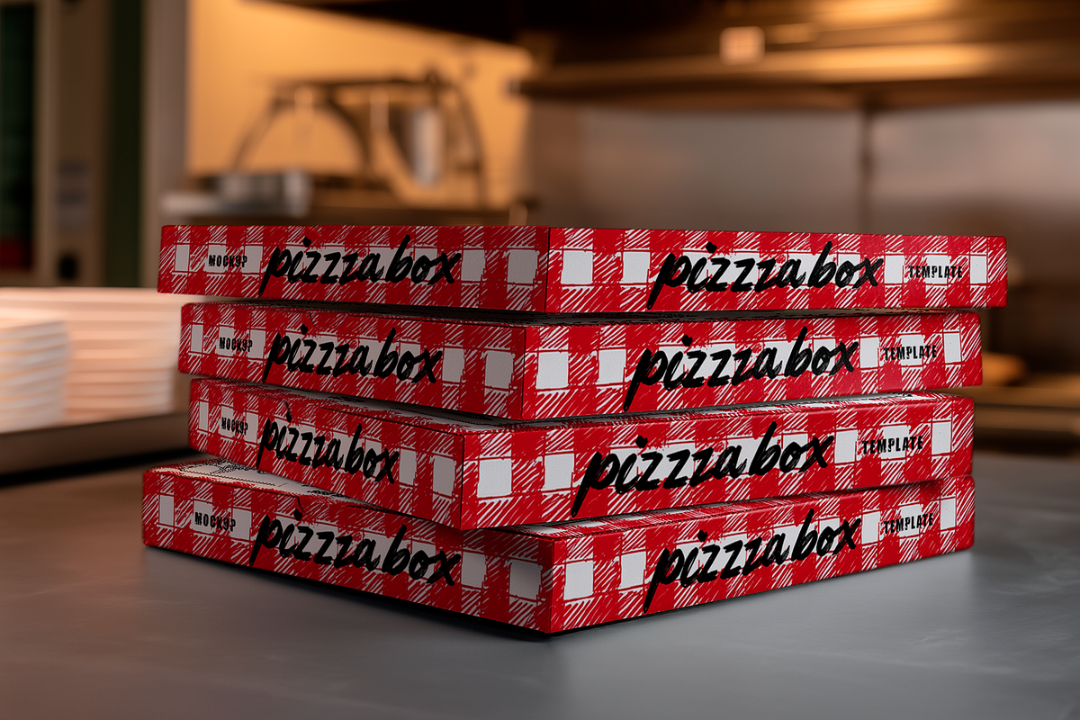 Pizza Box on Kitchen Mockup, a Packaging Mockup by The Rose Project