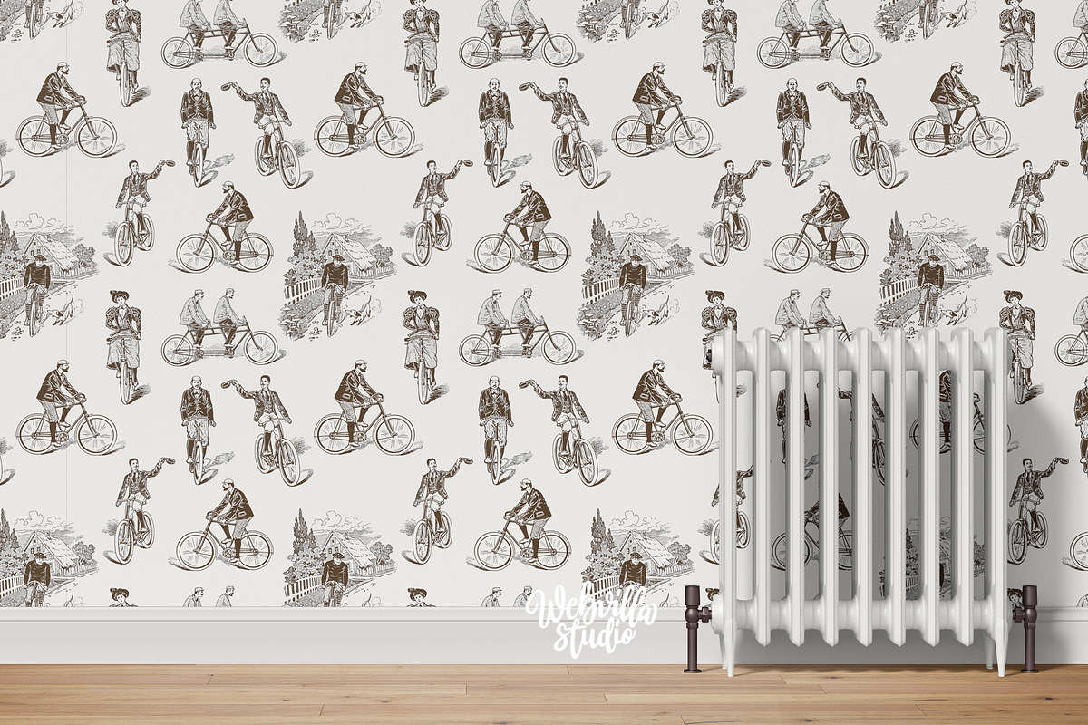Vintage Cyclists Pattern, a Wallpaper Graphic by Webvilla Studio