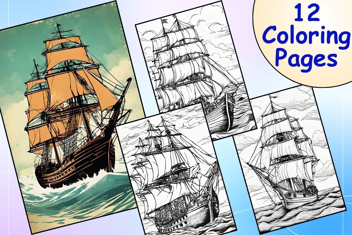 Vintage Ship Coloring Pages, an Illustration by Catchy Ideaz