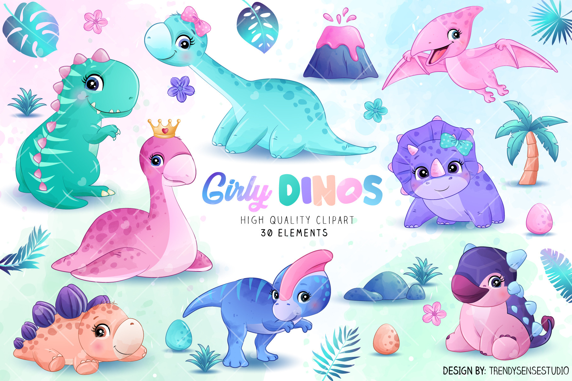 Doodle Girly Dinosaurs Clipart, an Illustration by TrendySenseStudio
