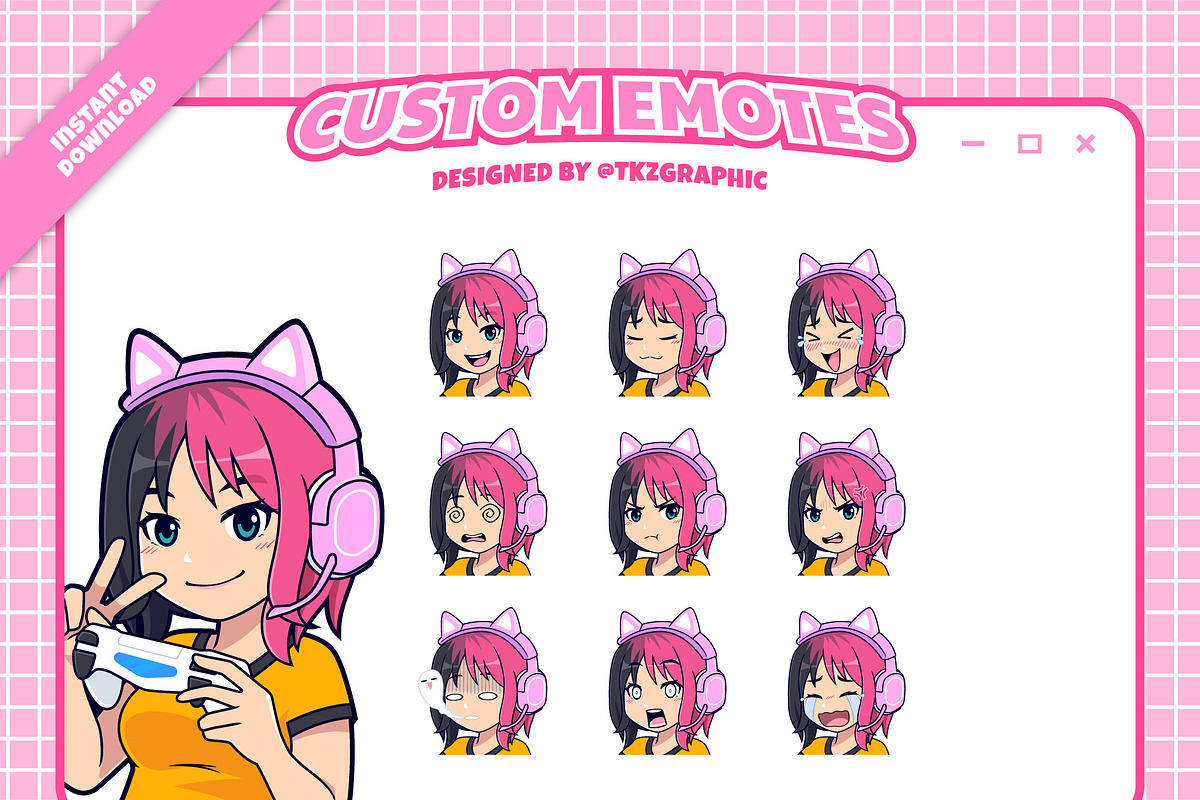 Anime Gamer Girl - Custom Emotes, an Emoji Icon by tkzgraphic