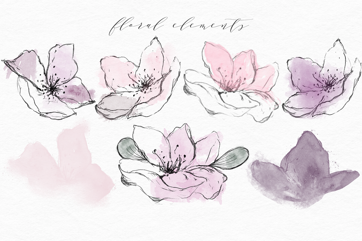 Watercolor Floral Clip Art Elements, an Illustration by KA Designs
